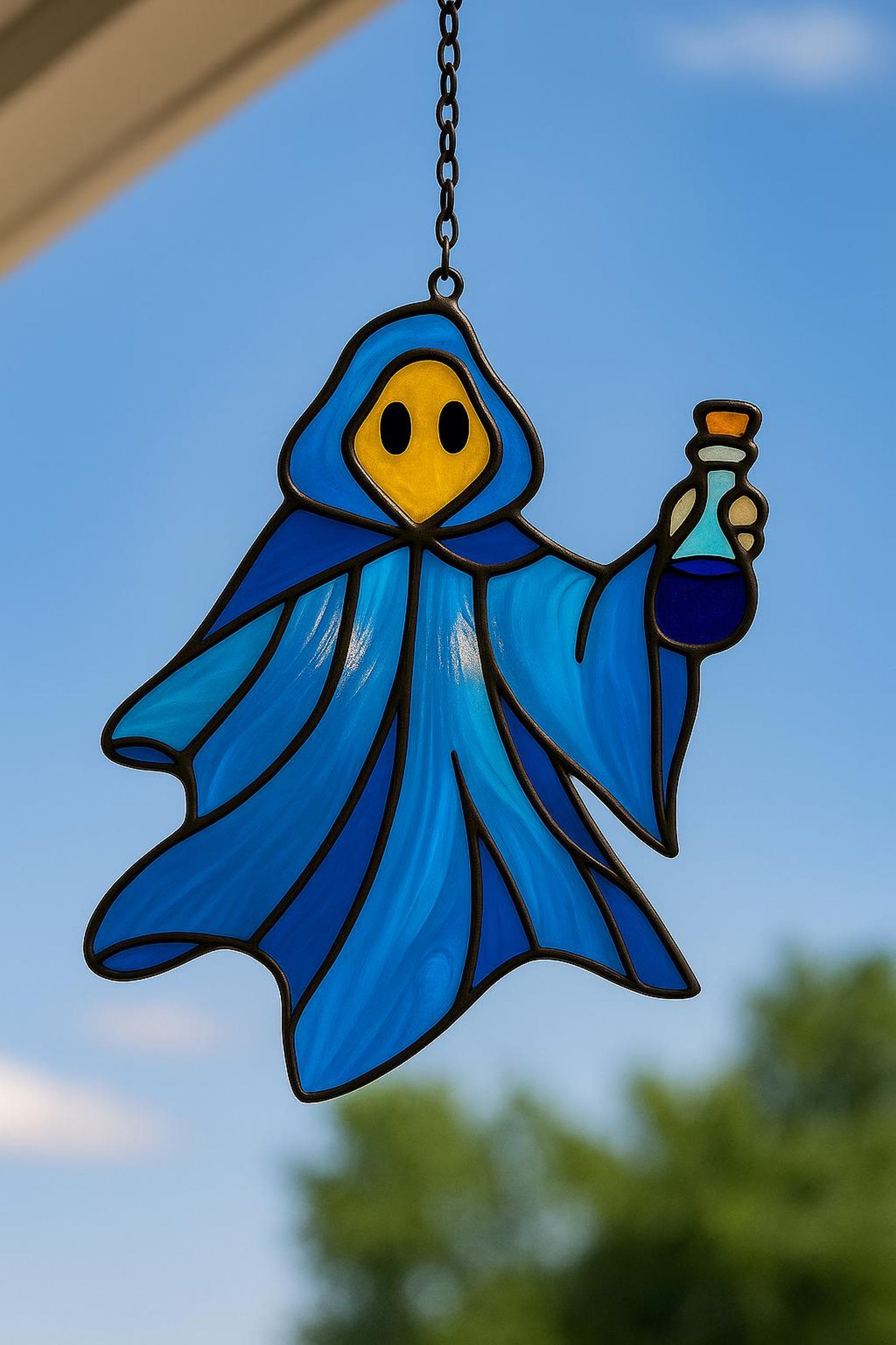 Blue Cloaked Wizard Stained Glass Suncatcher Halloween Window Hanging ...