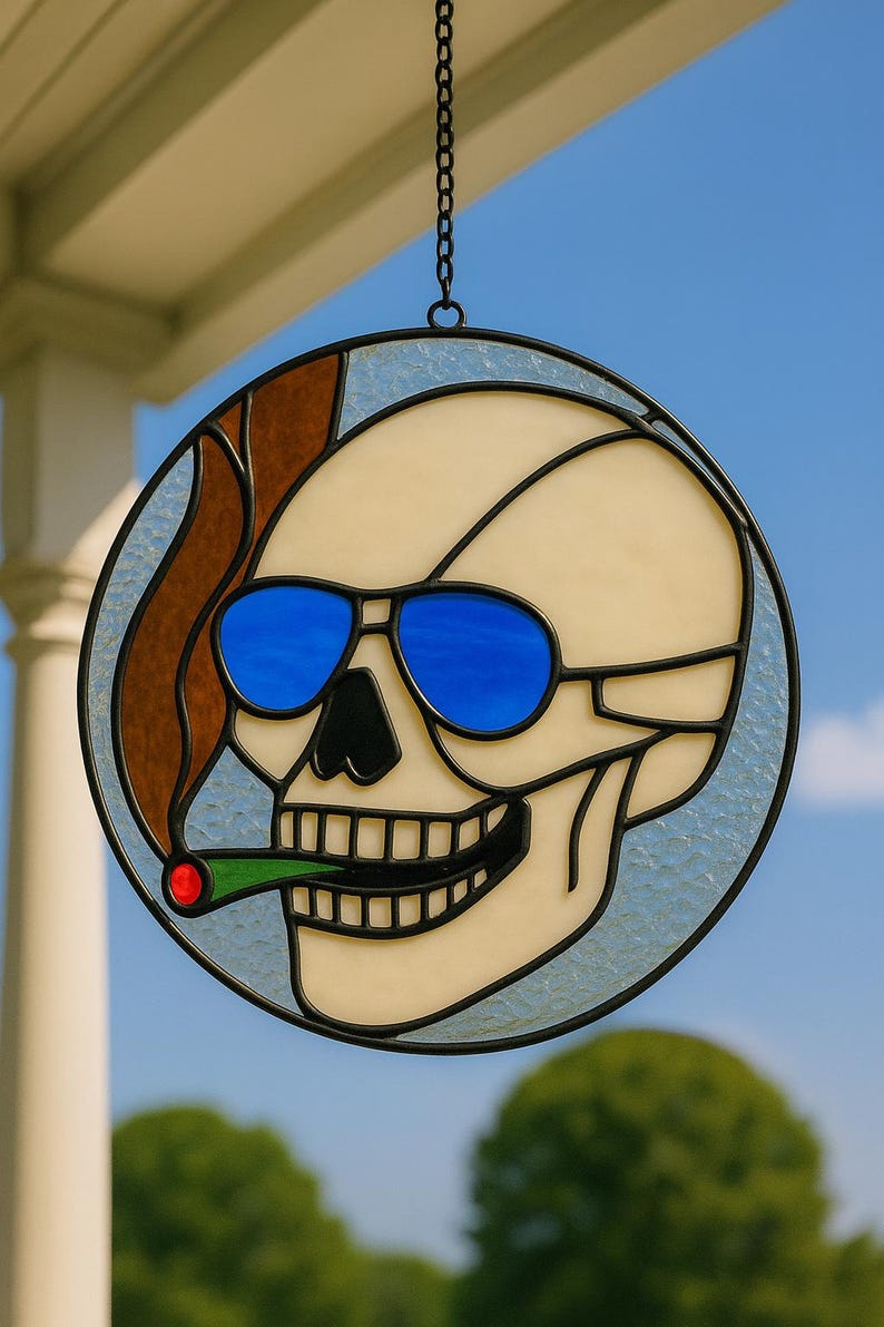 Cool Skull Stained Glass Suncatcher With Sunglasses Handmade Gothic ...