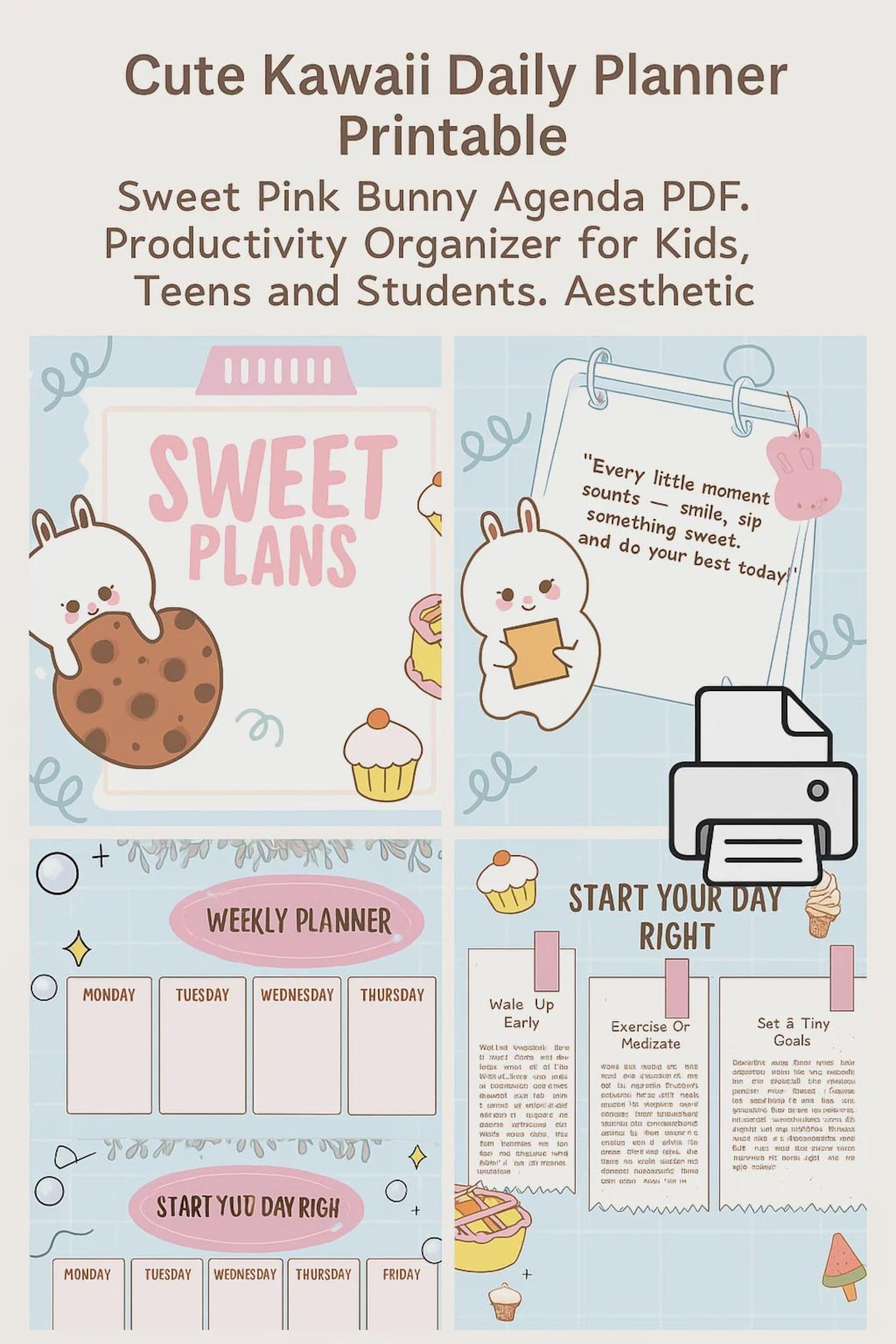 Cute Kawaii Daily Planner Printable. Sweet Pink Bunny Agenda PDF ...