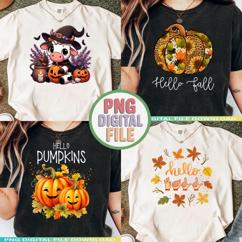 Hello Fall PNG Bundle, Halloween Cow Spooky Pumpkin, ASL Sign Language ...