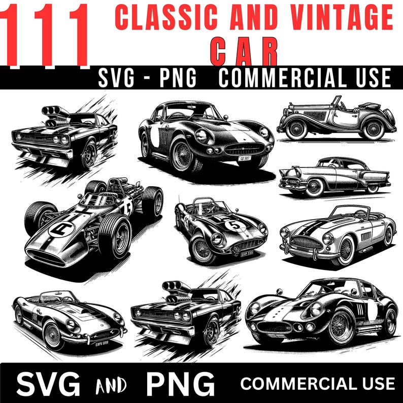 111 Classic Car SVG Bundle PNG Vintage Race Car Clipart Retro Muscle ...