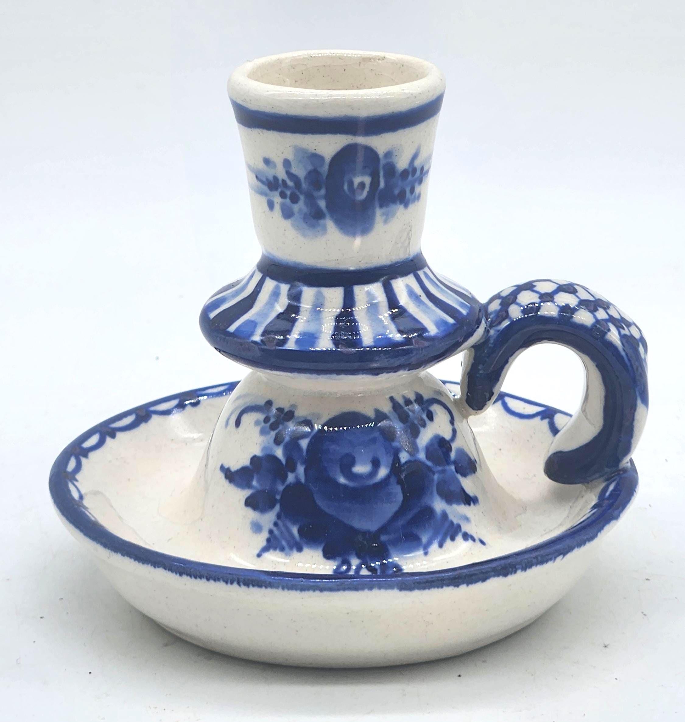 Vintage, Hand-painted, Cobalt Blue-and-white Porcelain CANDLEHOLDER ...