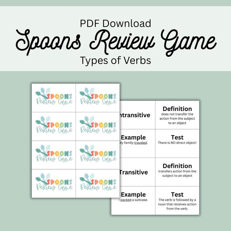 Types of Verbs Spoons Game | Printable Grammar Card Game | Transitive ...