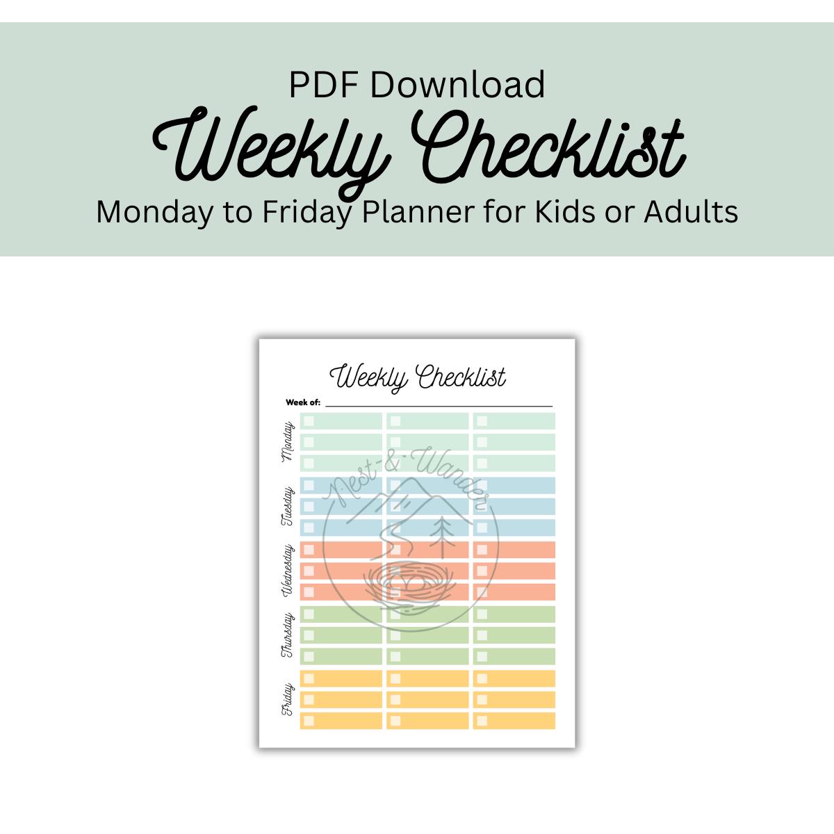 Weekly Checklist Printable | Colorful PDF for Homeschool, Chores ...