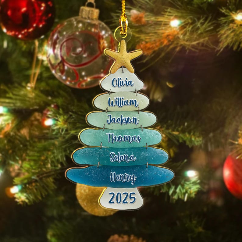 Personalized Sea Glass Family Tree Ornament, Custom Big Family Name ...
