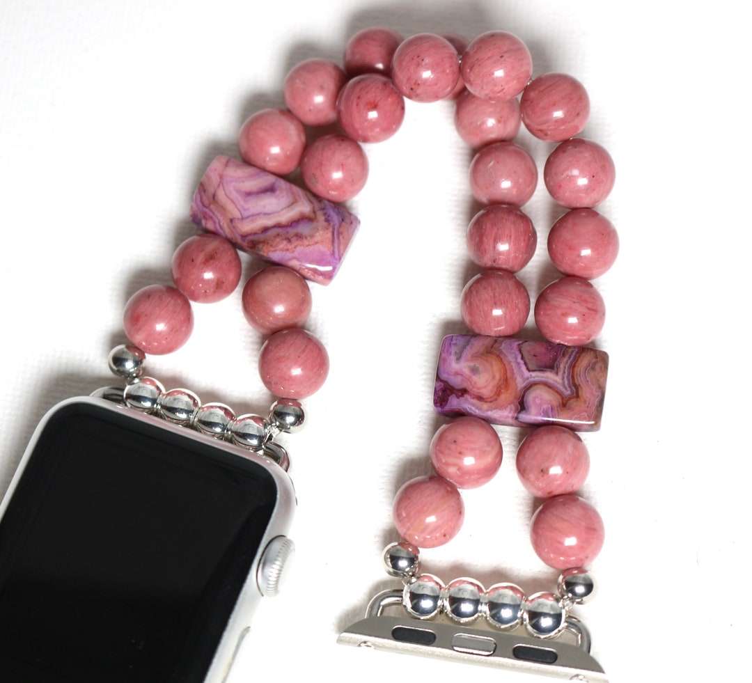 Rose Pink Rhodonite and Crazy Lace Agate Bracelet Watch Band for Apple ...