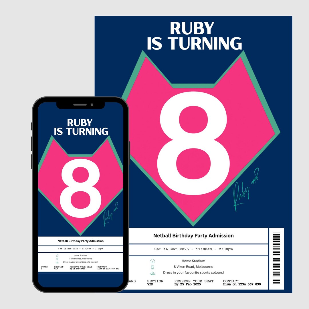 Netball Birthday Party Personalised Invitation | Melbourne | Netball ...