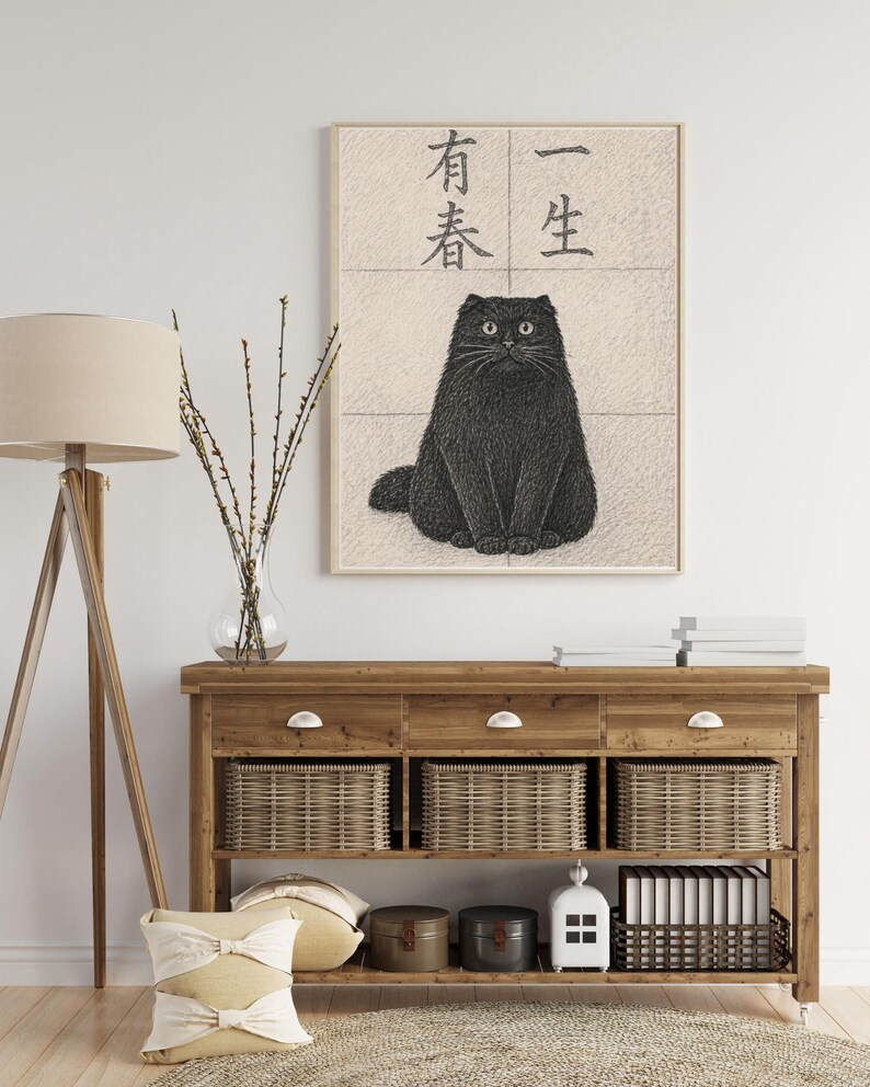 Japanese Cat Poster, Japanese Cat Art Print, Black Cat, Animal Wall Art ...