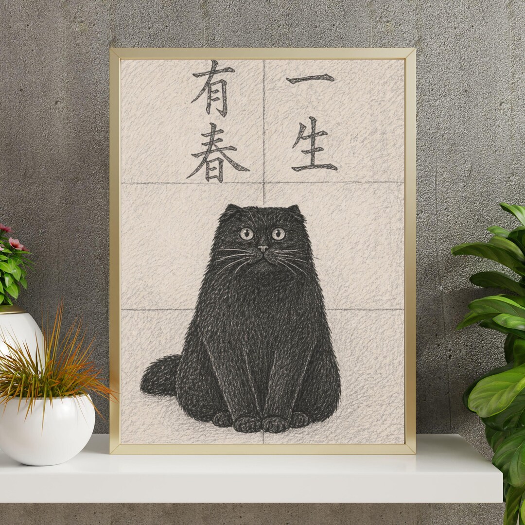 Japanese Cat Poster, Japanese Cat Art Print, Black Cat, Animal Wall Art ...