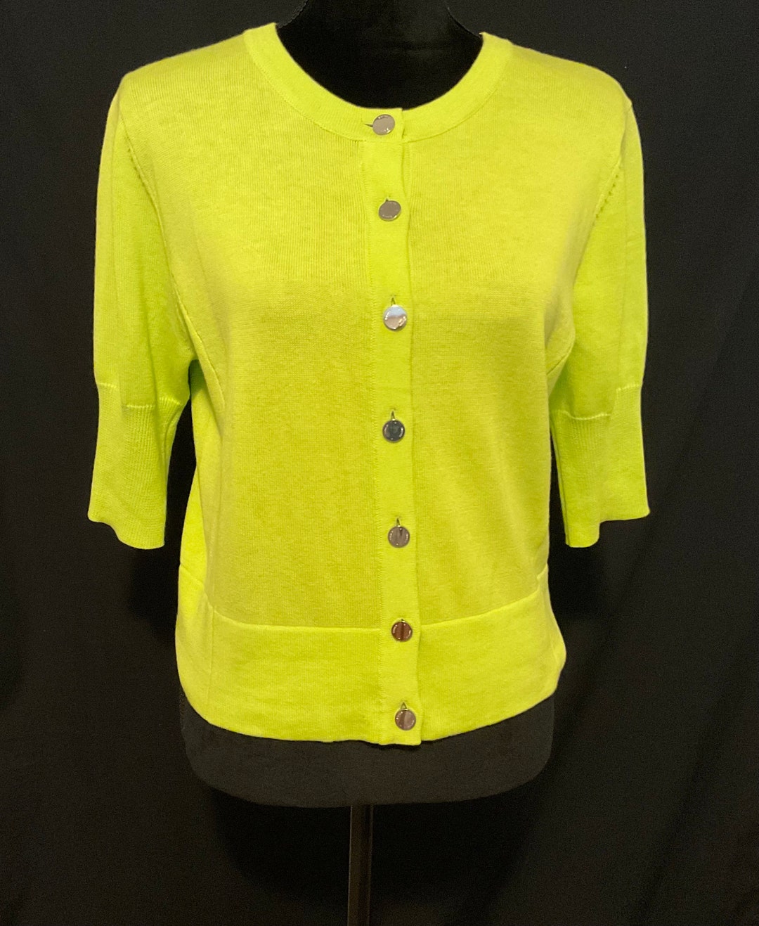 Vintage Bianca Nygard Lime Green Cardigan Sweater/ 3/4 Length Sleeves ...