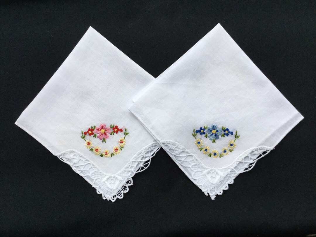 Vintage White Fine Cotton Handkerchiefs With Floral Embroidery & Lace ...