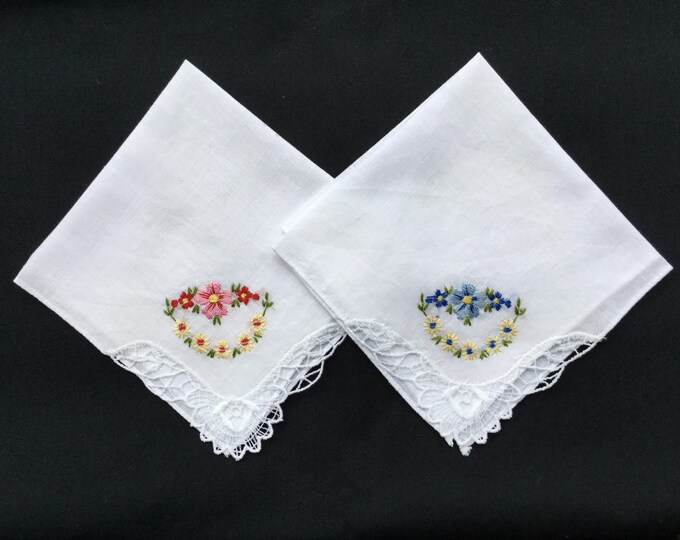 Vintage White Fine Cotton Handkerchiefs With Floral Embroidery & Lace ...