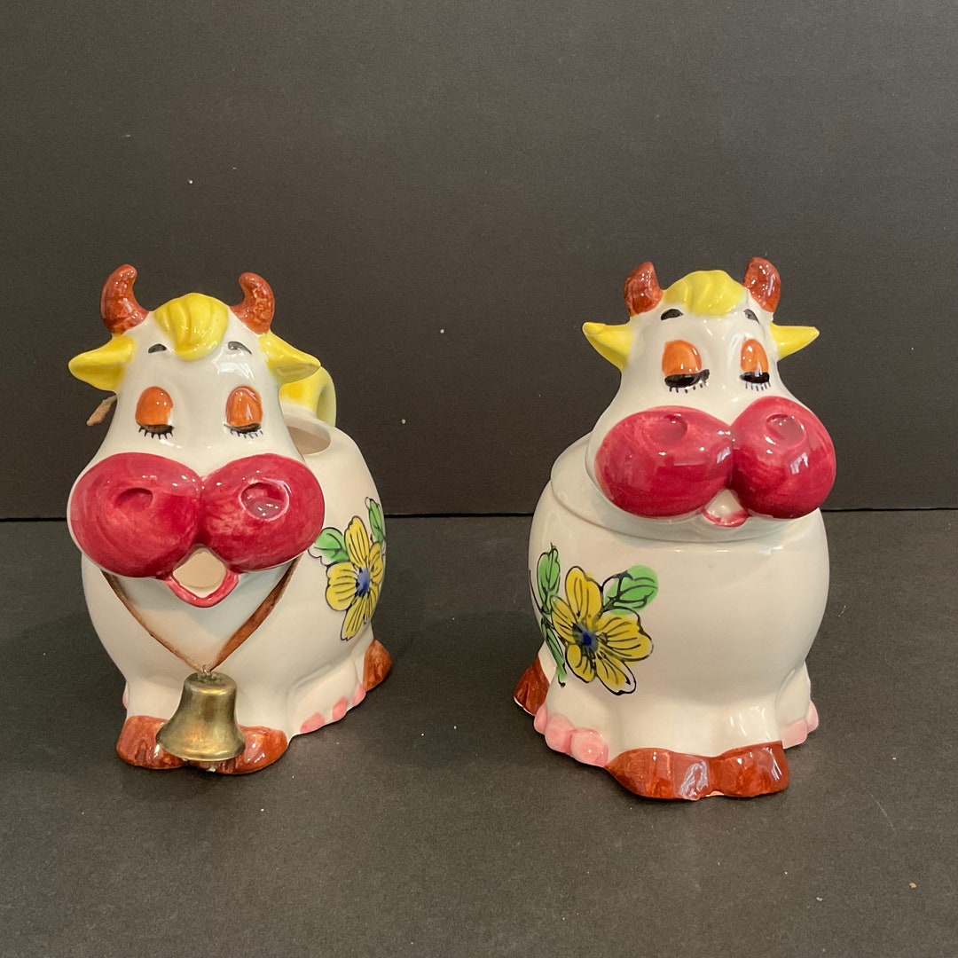 Vintage Ceramic Cow Creamer & Sugar Set , Hand Painted Japan , Kitschy ...