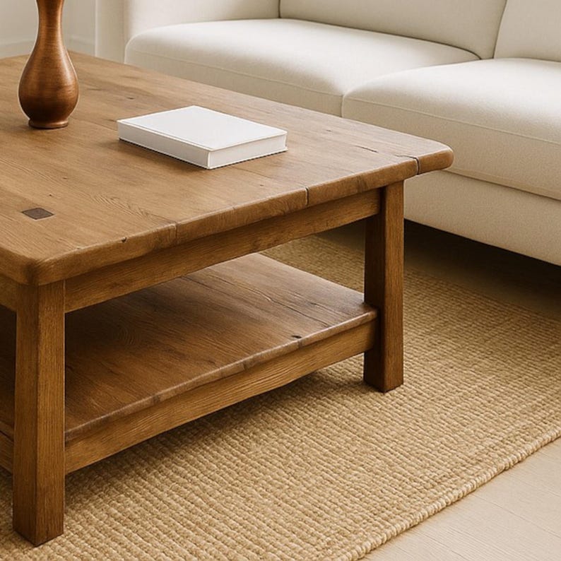 Rustic Wood Large Coffee Table, Solid Wood Coffee Tables With Shelf ...