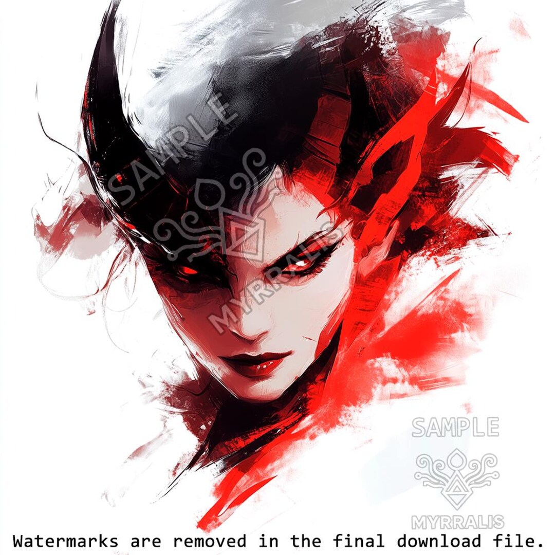Demon Girl Digital Portrait – Dark Fantasy Anime Art, Red Black ...