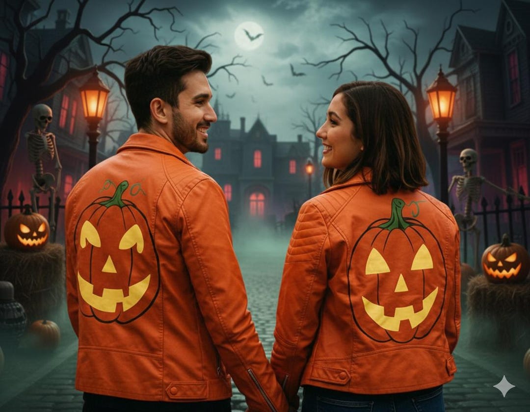 Handmade Halloween Pumpkin Leather Biker Jacket - Spooky Festival Wear ...