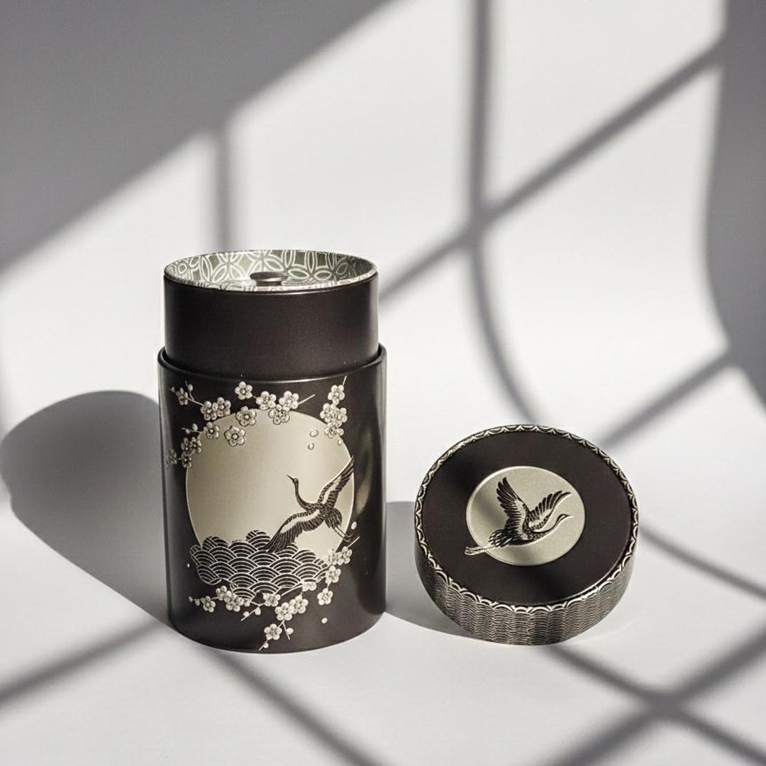 Japanese Tea Caddy Canister, Crane Cherry Blossom Design, Airtight Tin ...