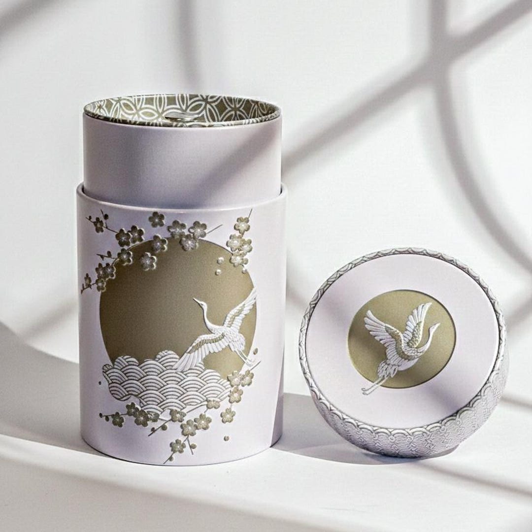 Japanese Tea Caddy Canister, Crane Moon Cherry Blossom Design, Airtight ...