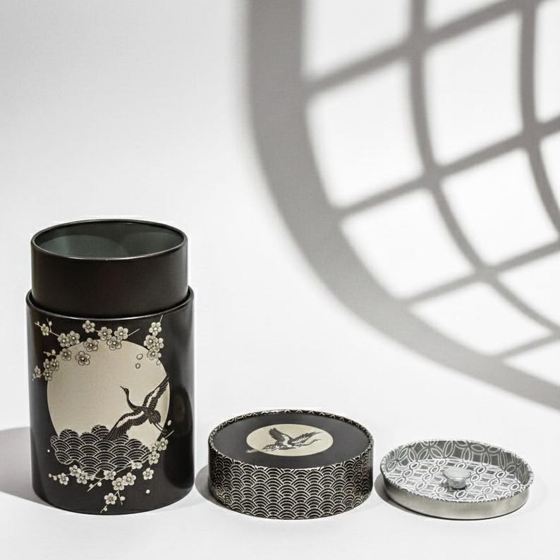 Japanese Tea Caddy Canister, Crane Cherry Blossom Design, Airtight Tin ...