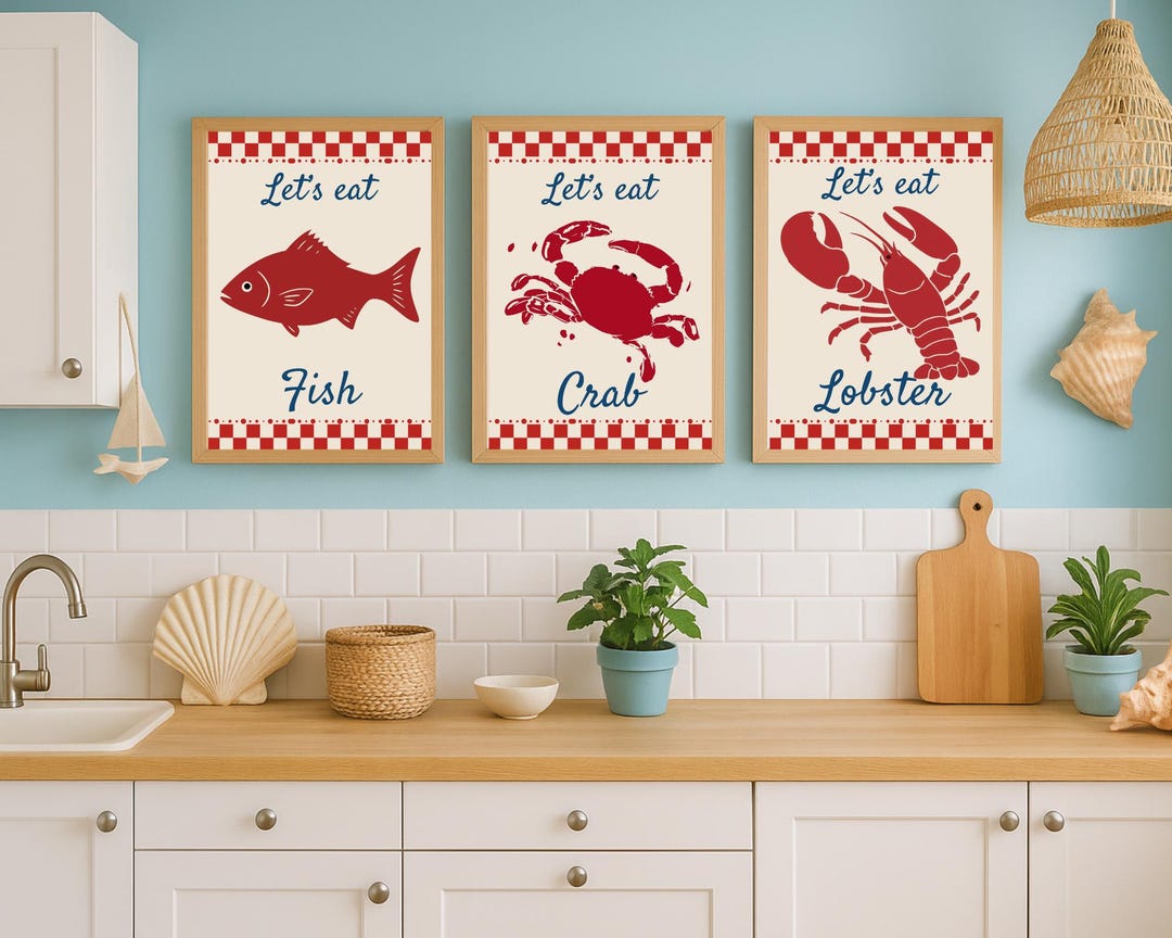 Lets Eat Seafood Wall Art Set of 3, Crab, Lobster & Fish, Coastal ...