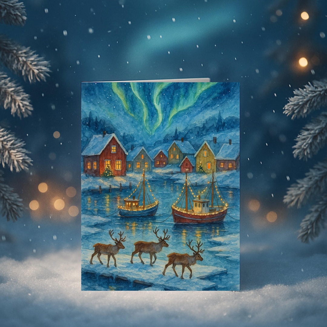 Set of 10 Personalizable Nordic Snow Village Christmas Cards ...