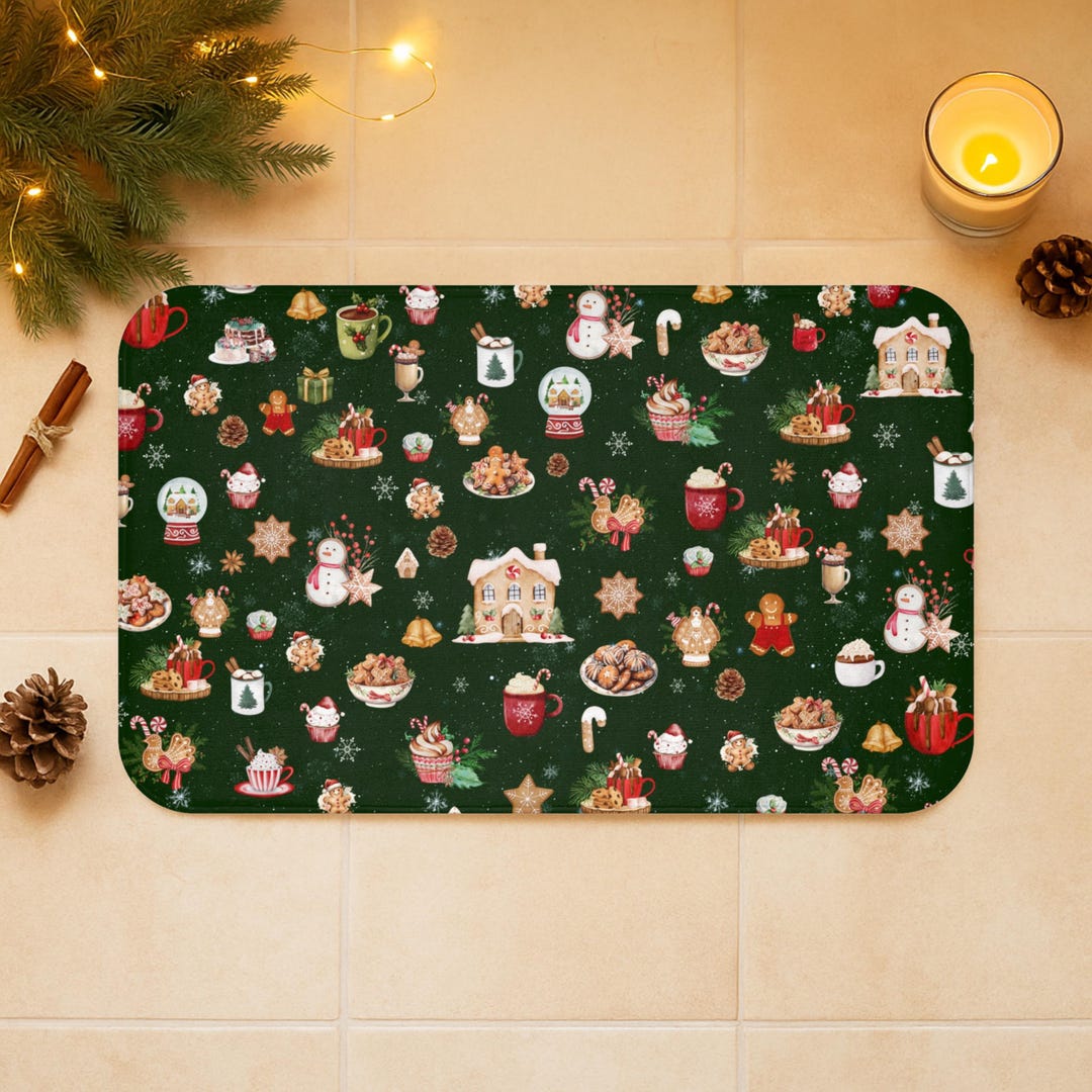 Christmas Bath Mat, Festive Holiday Treats & Winter Icons, Non-slip ...