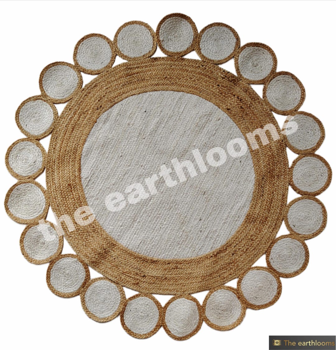 Round Jute Rug With White Circle Border | Boho Handmade Natural Fiber ...