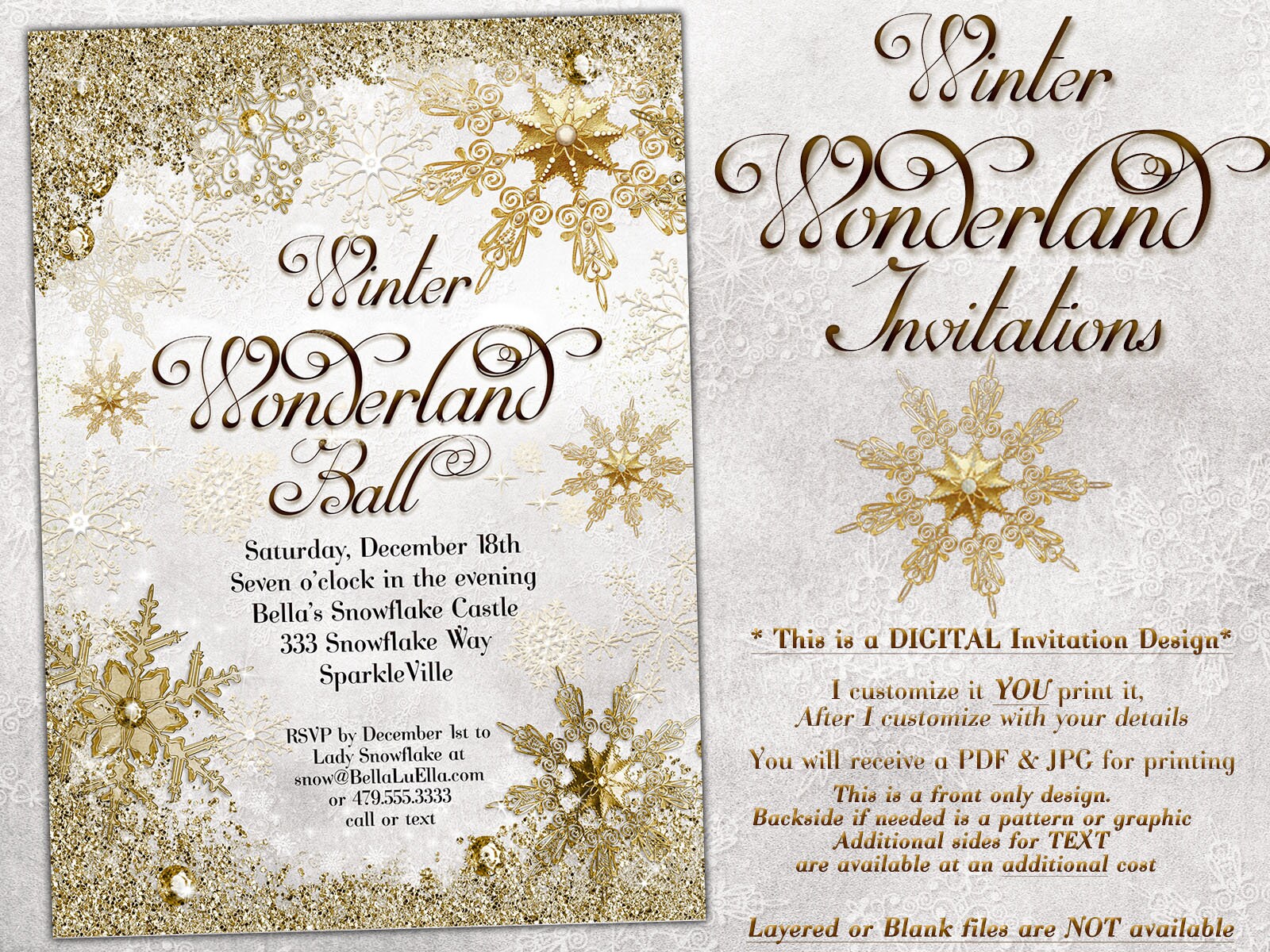 White Gold Snowflake Invitation Winter Wonderland Party Invitation 