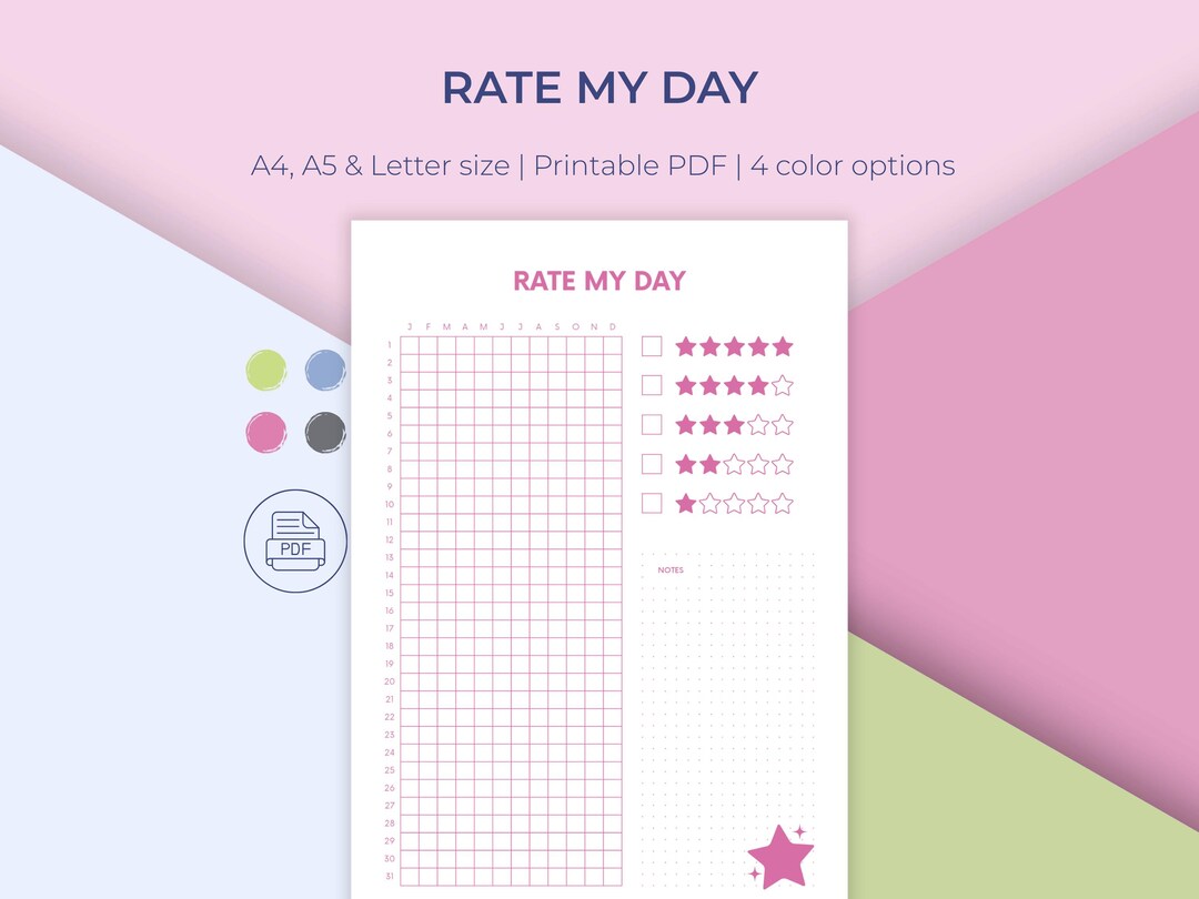 Rate My Day Printable Tracker, Mood Tracker, Daily Reflection, A4/a5 ...
