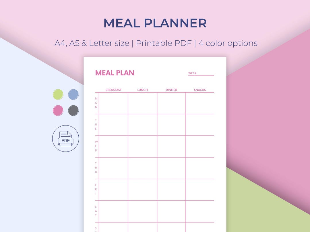 Printable Weekly Meal Planner: 7-day Menu Template (a4/a5/letter PDF ...
