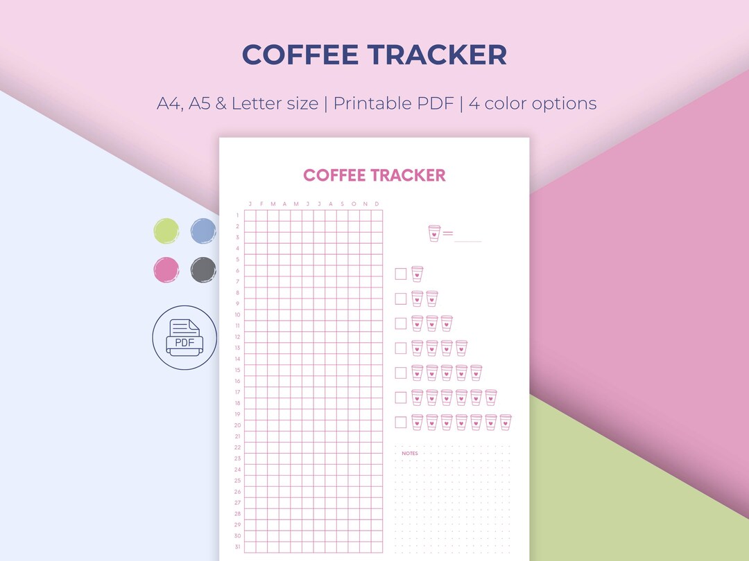 Coffee Tracker, Caffeine Tracker, 4 Colors, A4/a5/letter Sizes (instant ...