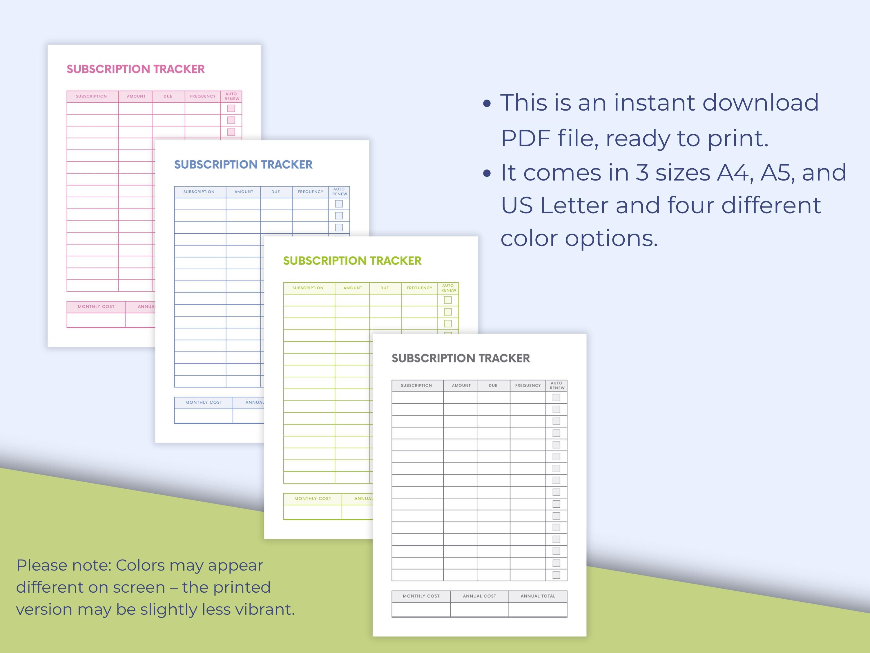 Subscription Tracker Printable: Finance Planner, Budget Checklist (a4 ...