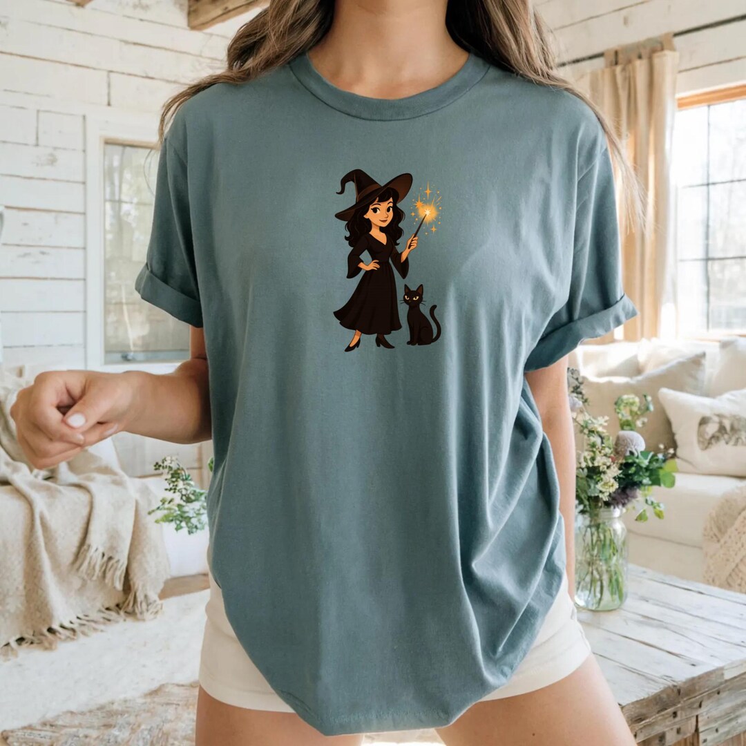Cute Witch and Black Cat Halloween T-shirt, Magic Wand Kawaii Graphic ...