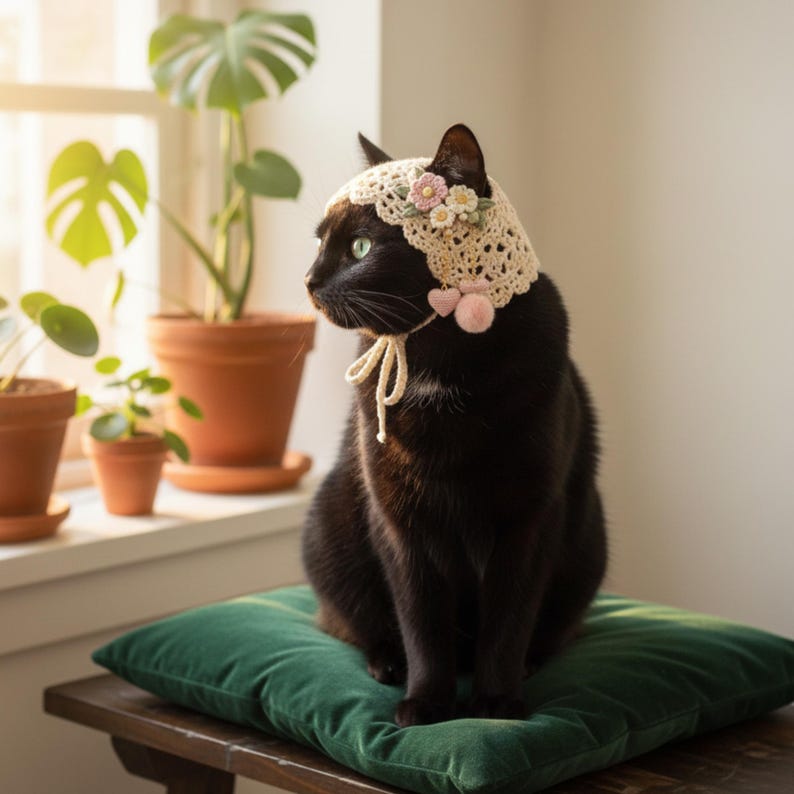 Crochet Cat Bonnet Pattern PDF | Floral Pet Hat - Etsy