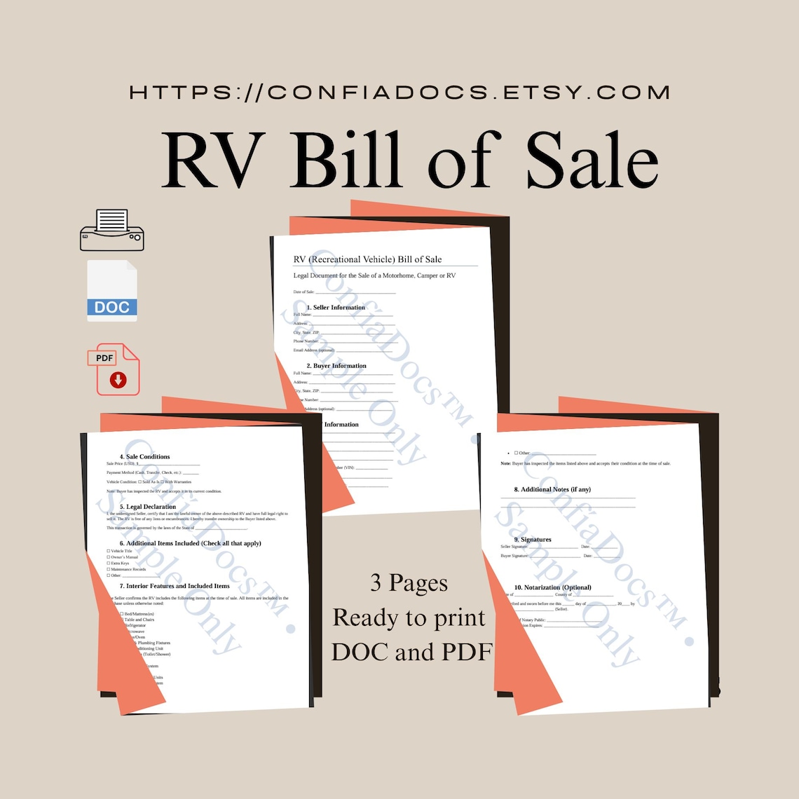 RV Bill of Template | Camper, Motorhome Transfer Form (editable PDF ...