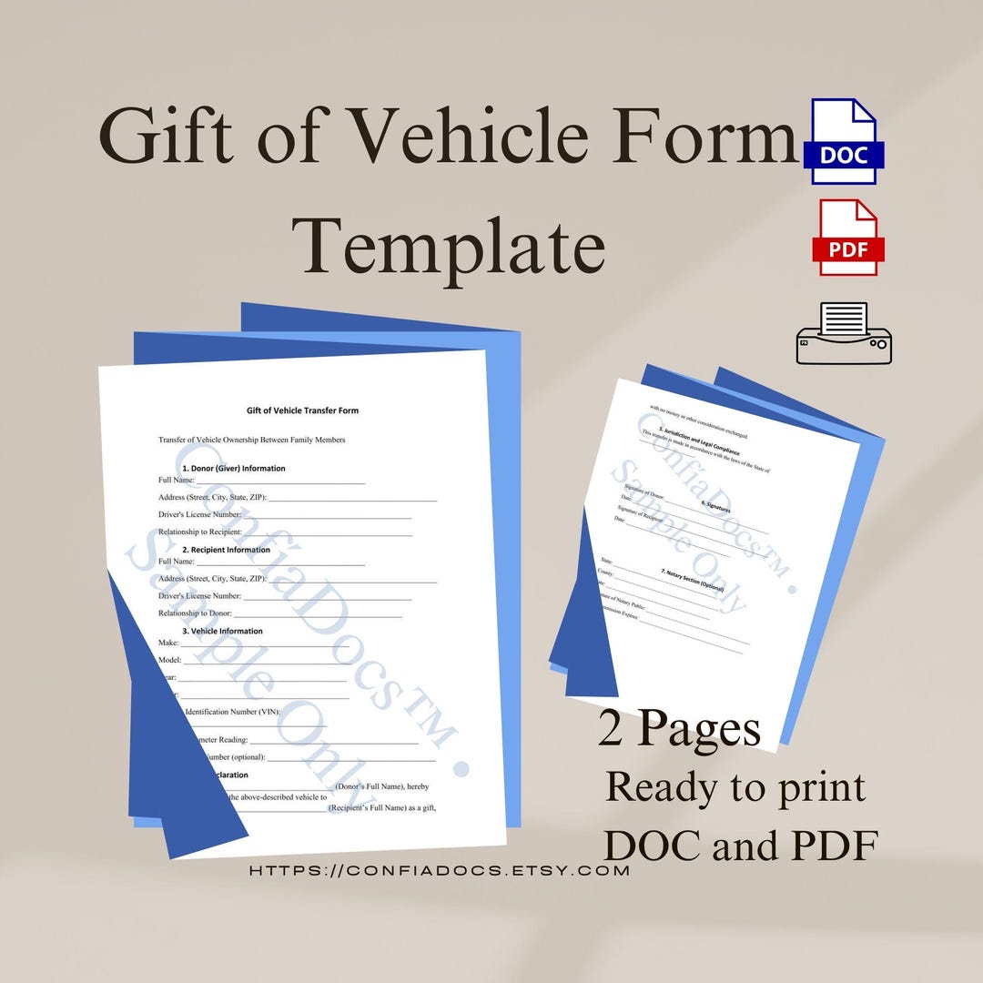 Gift of Vehicle Transfer Form: Editable Car Ownership Template - Etsy