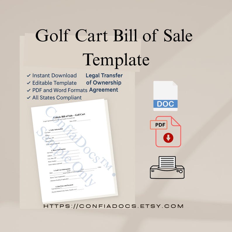 Golf Cart Bill of Sale Template | Private Sale Contract (PDF & Word) - Etsy