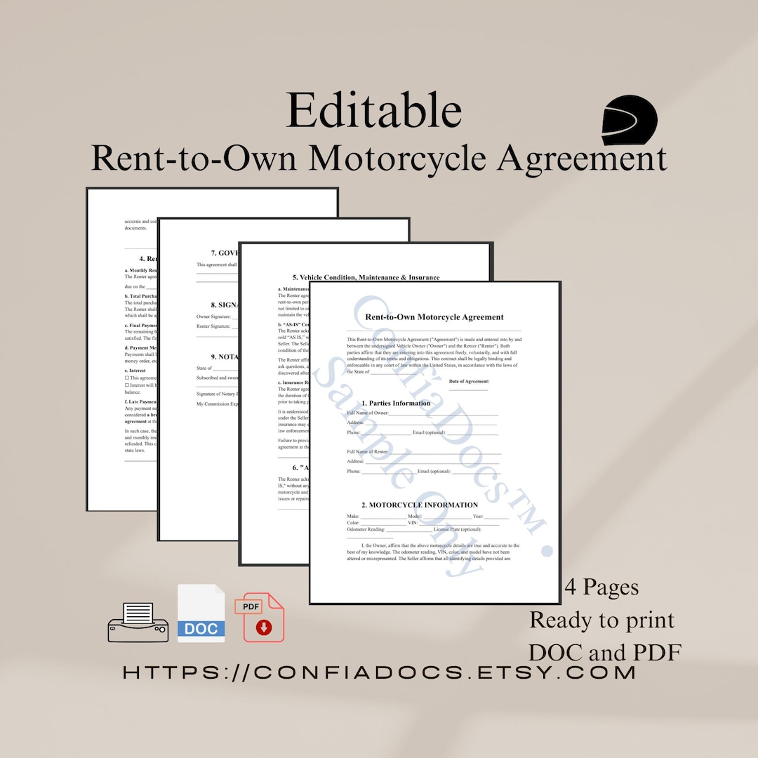 Rent-to-own Motorcycle Agreement | Editable Lease-to-own Contract | PDF ...