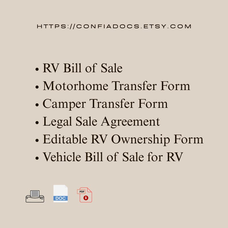 RV Bill of Template | Camper, Motorhome Transfer Form (editable PDF ...