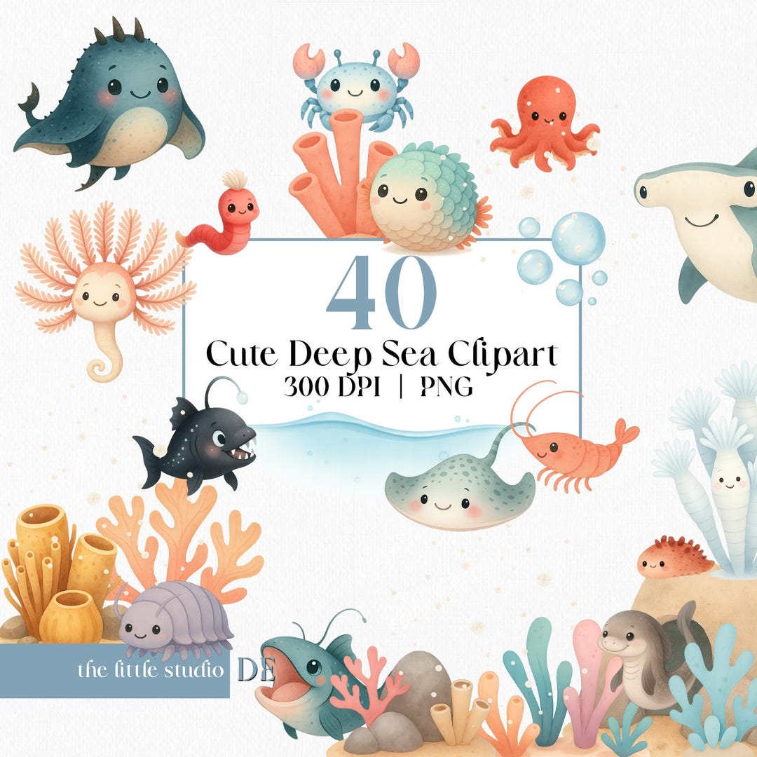 40 Cute Deep Sea Creatures Clipart | Watercolor Ocean Animals ...