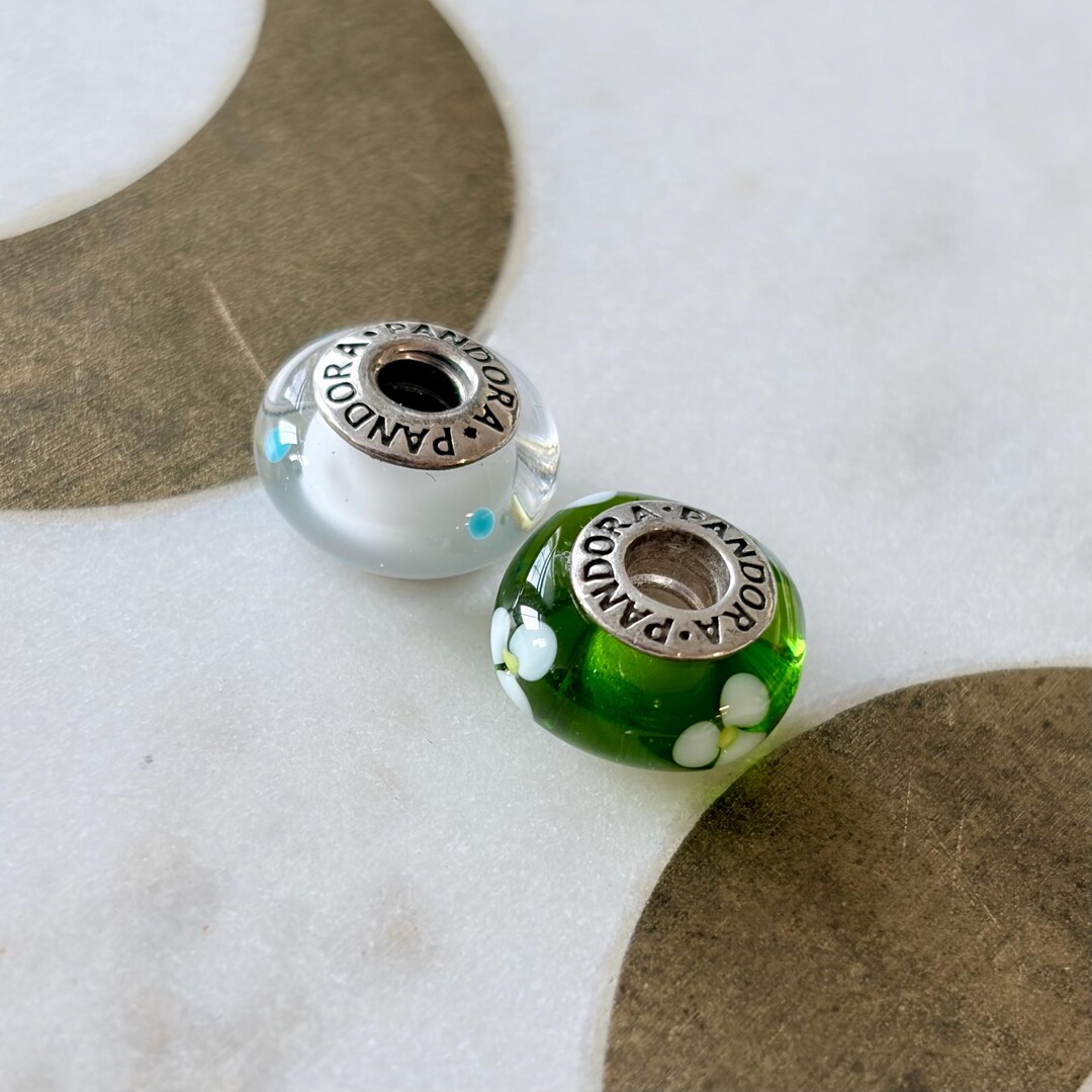 Pandora White and Teal Polka Dots and Green Flowers Murano Glass ...