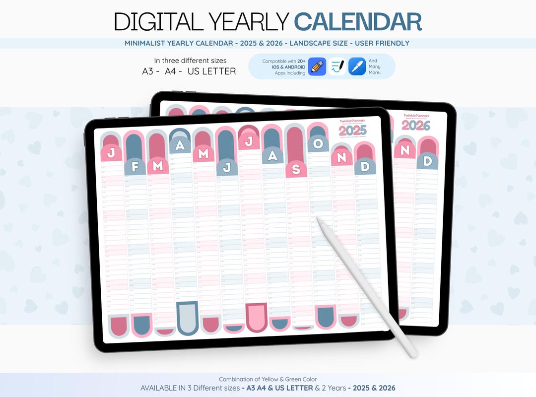 Digital Yearly Calendar, 2025, 2026, Digital Yearly Planner, Journal ...