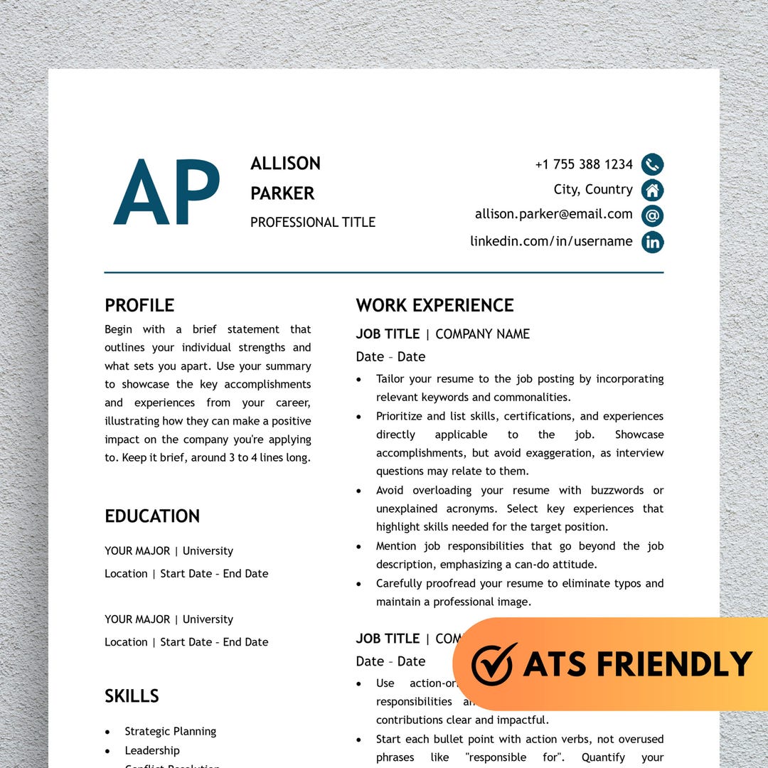 ATS Resume Template for Microsoft Word, Pages, Google Docs, 1 Page ...