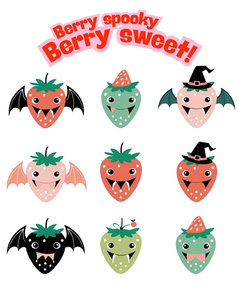 Halloween Strawberry Clipart: Kawaii Vampire Fruit PNG (digital ...