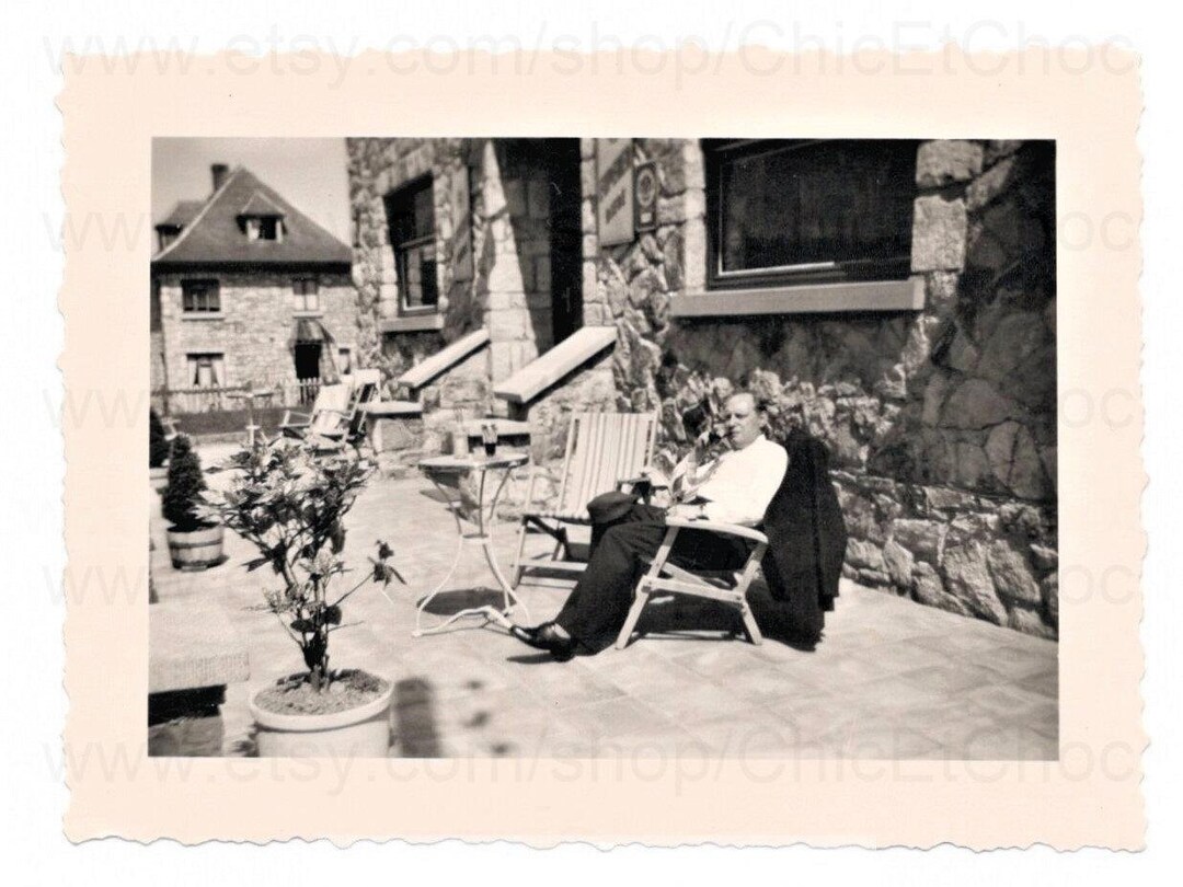 Vintage French Photograph - Man Sat Outside a Cafe Bar Smoking a Pipe ...