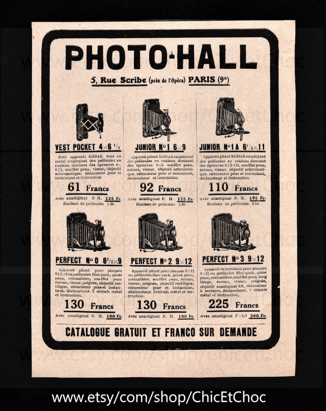 French Antique Paper Advert - Photo-hall Camera Shop, Paris - Etsy