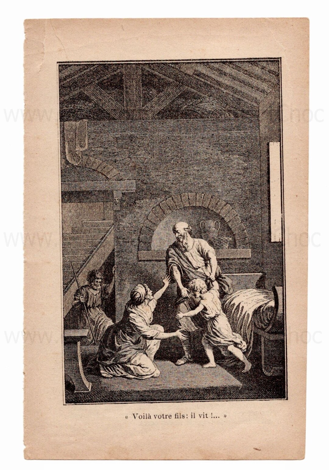 French Antique Religious Image Book Page - Elijah Raising the Son of ...