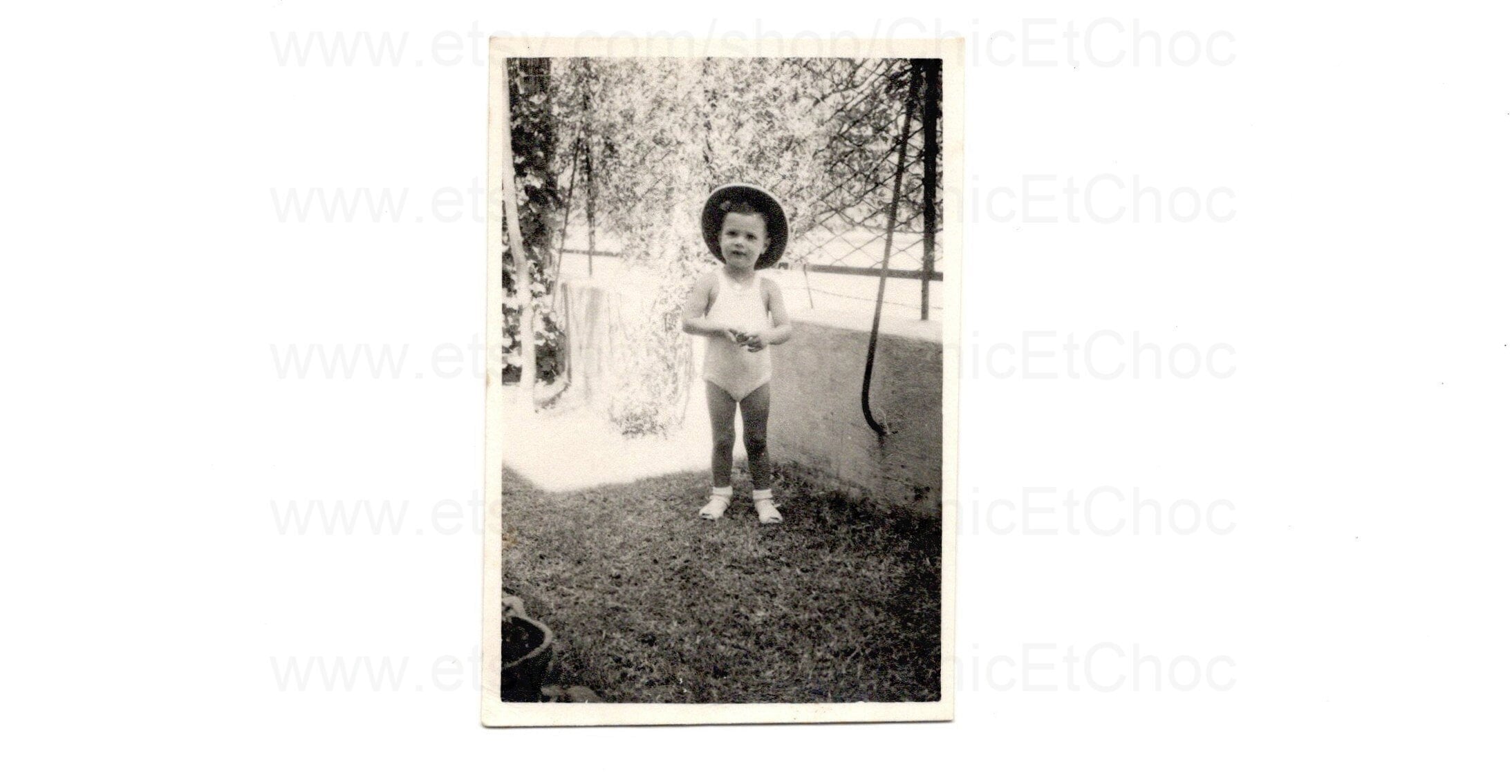 1940's Summer Photo Little Boy in Swimsuit and Sun Hat - Etsy