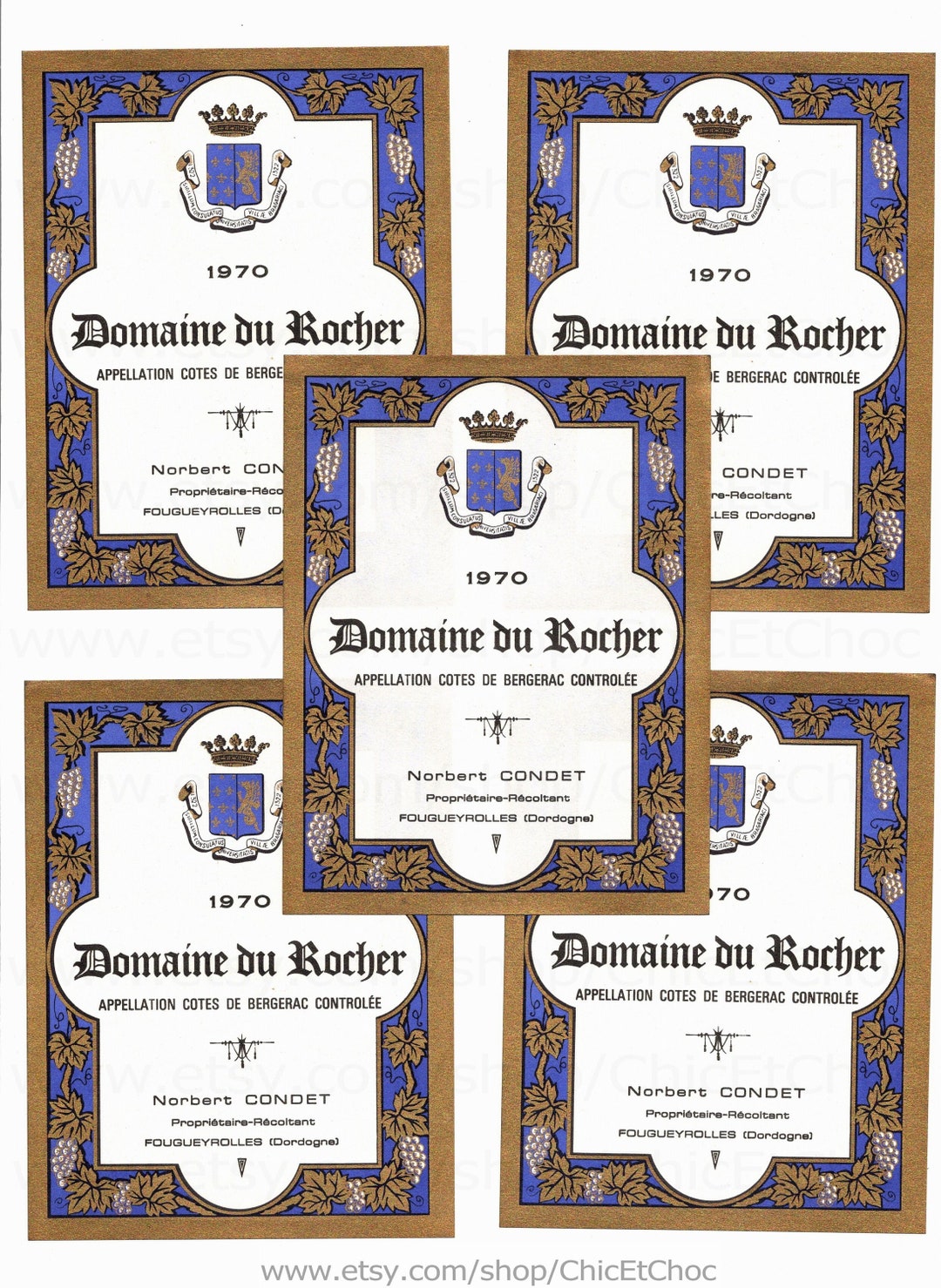 Vintage 1970 French Wine Labels – Set of 5 Unused Bottle Labels - Etsy ...