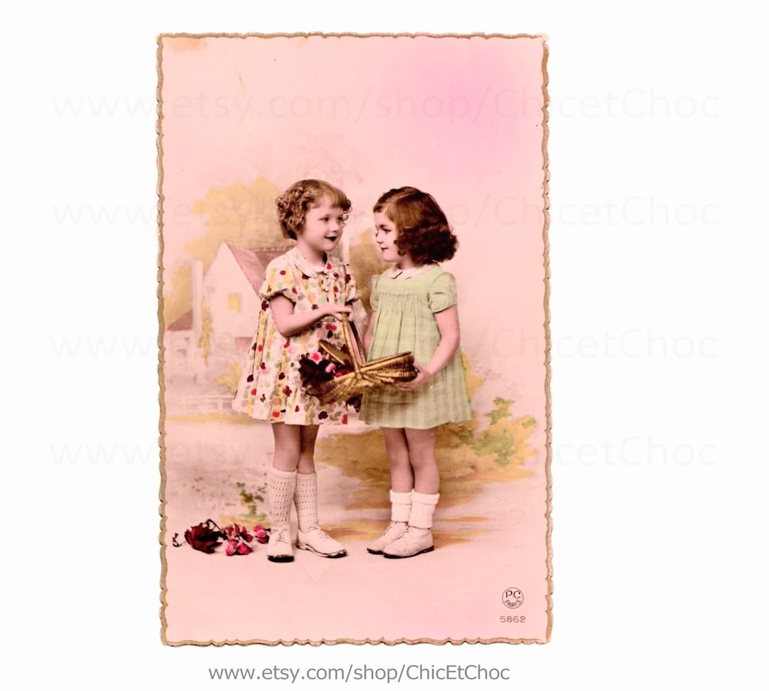 Vintage Postcard Cute Little Girls With a Basket of Flowers - Etsy